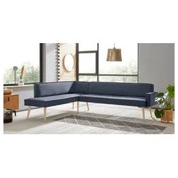 Eckbank exxpo - SOFA FASHION "Lungo, moderne Kedernaht, bequem und elegant, hoher Holzfuß" Sitzbänke Gr. B/H/T: 198cm x 84cm x 260cm, Webstoff, langer Schenkel rechts, blau (denim) hochwertige Detailverarbeitung, frei im Raum stellbar