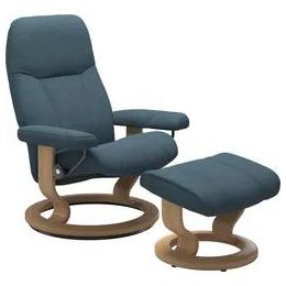 Relaxsessel stressless "Consul" Sessel Gr. ROHLEDER Stoff Q2 FARON, Classic Base Eiche, PlusTMSystem-Gleitsystem-Relaxfunktion-Drehfunktion-Kopfstützenverstellung-Rückteilverstellung, B/H/T: 76cm x 100cm x 71cm, blau (petrol q2 faron) mit Hocker, Classic Base, Größe M, Gestell Eiche