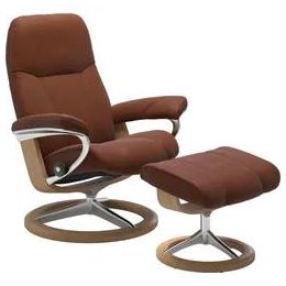 Relaxsessel stressless "Consul" Sessel Gr. Leder PALOMA, Signature Base Eiche, BalanceAdaptTM-PlusTMSystem-Gleitsystem-Relaxfunktion-Drehfunktion-Kopfstützenverstellung-Rückteilverstellung, B/H/T: 78cm x 97cm x 70cm, braun (copper paloma) mit Hocker, Signature Base, Größe S, Gestell Eiche