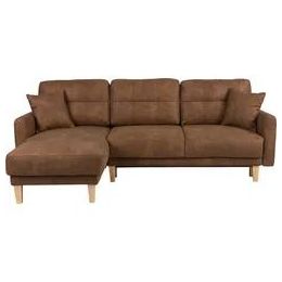 Ecksofa Home Affaire "Triplo, Zierkissen, Schlaffunktion, B/T/H: 234/164/89 cm, L-Form" Sofas Gr. B/H/T: 234cm x 89cm x 164cm, Luxus-Microfaser Vintageoptik, Recamiere links, mit Bettfunktion-mit Bettkasten, braun (cognac) wahlweise mit Bettfunktion und Bettkasten, Liegefläche 210132 cm