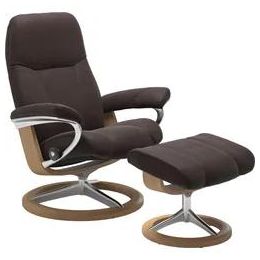 Relaxsessel stressless "Consul" Sessel Gr. Leder PALOMA, Signature Base Eiche, BalanceAdaptTM-PlusTMSystem-Gleitsystem-Relaxfunktion-Drehfunktion-Kopfstützenverstellung-Rückteilverstellung, B/H/T: 78cm x 97cm x 70cm, braun (chocolate paloma) mit Hocker, Signature Base, Größe S, Gestell Eiche