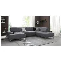 Wohnlandschaft Places of Style "Caluna U-Form" Sofas Gr. B/H/T: 332cm x 81cm x 234cm, Struktur flausch, Recamiere links, grau mit Sitztiefen- und Kopfteilverstellung