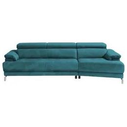 Ecksofa Egoitaliano "Soul, extravagantes Designsofa, Megasofa, super bequem, tolle Details" Sofas Gr. B/H/T: 246cm x 99cm x 140cm, Luxus-Microfaser BLUSH, Recamiere rechts, blau (teal) mit Trapez-Abschlußelement, inkl verstellbarer Kopfteile