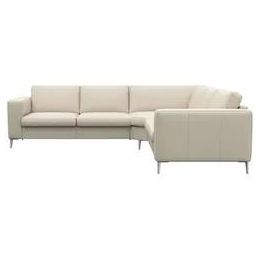 Ecksofa FLEXLUX "Fiore, gleichschenklig, super Sitzkomfort durch Kaltschaum im Sitz" Sofas Gr. B/H/T: 257cm x 85cm x 92cm, Echtleder, Schenkel links, weiß (warm white) breite Armlehnen, Füße Alu