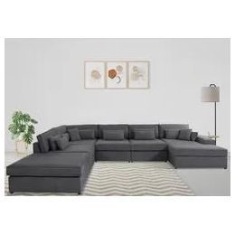 Wohnlandschaft RAUM.ID "Enid U-Form" Sofas Gr. B/H: 460cm x 75cm, Struktur, Ottomane rechts, schwarz 6 Teile, bestehend aus Modulen, in vielen Bezügen, auch Breitcord