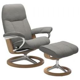 Relaxsessel stressless "Consul" Sessel Gr. ROHLEDER Stoff Q2 FARON, Signature Base Eiche, BalanceAdaptTM-PlusTMSystem-Gleitsystem-Relaxfunktion-Drehfunktion-Kopfstützenverstellung-Rückteilverstellung, B/H/T: 78cm x 97cm x 70cm, grau (grey q2 faron) mit Hocker, Signature Base, Größe S, Gestell Eiche