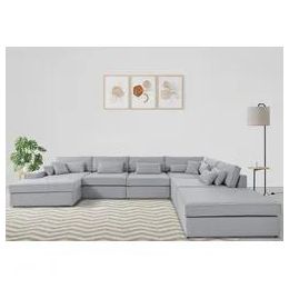 Wohnlandschaft RAUM.ID "Enid U-Form" Sofas Gr. B/H: 460cm x 75cm, Struktur (recyceltes Polyester), Ottomane links, silberfarben (silber) 6 Teile, bestehend aus Modulen, in vielen Bezügen, auch Breitcord