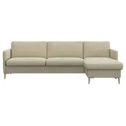 Ecksofa FLEXLUX "Fiore, super Sitzkomfort durch Kaltschaum im Sitz, L-Form" Sofas Gr. B/H/T: 247cm x 85cm x 92cm, Chenille, Chaiselongue rechts, beige (sandy beige) schmale Armlehnen, Füße Alu+ Eiche