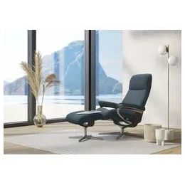 Relaxsessel stressless "View" Sessel Gr. ROHLEDER Stoff Q2 FARON, Cross Base Wenge, Relaxfunktion-Drehfunktion-PlusTMSystem-Gleitsystem-BalanceAdaptTM, B/H/T: 91cm x 110cm x 85cm, blau (petrol q2 faron) mit Hocker, Cross Base, Größe S, M & L, Holzakzent Wenge