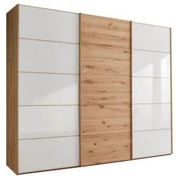 Schwebetürenschrank Wiemann "Cardiff" Schränke Gr. B/H/T: 295,2 cm x 217 cm x 67 cm, Außenpartien Glas weiß, 3 St., braun (bianco, eiche, nachbildung) mit massiven Holztüren und Spiegel