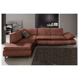 Ecksofa Max Winzer "Toulouse modern und bequem, aktuelles Design, hoher Sitzkomfort" Sofas Gr. B/H/T: 271cm x 75cm x 190cm, Leder 93700, Ottomane links, braun (cognac) mit klappbaren Armlehnen, Breite 271 cm