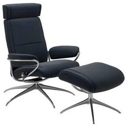 Relaxsessel stressless "Paris" Sessel Gr. Leder PALOMA, Star Base-Standard Base, PlusTMSystem-Gleitsystem-Relaxfunktion-Drehfunktion-Kopfstützenverstellung-Rückteilverstellung, B/H/T: 80cm x 98cm x 75cm, blau (shadow paloma) mit Hocker, Low Back Kopfstütze, Star Base, Gestell Chrom