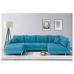 Wohnlandschaft Home Affaire "CHARRE U-Form, incl. 3 Zierkissen" Sofas Gr. B/H/T: 310 cm x 81 cm x 161 cm, Struktur weich, Recamiere links, blau (türkis) auch in Cord und Bouclé, feine Steppung, lose Rückenkissen