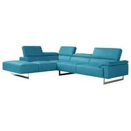 Ecksofa Egoitaliano "Malika" Sofas Gr. B/H/T: 300cm x 94cm x 107cm, Leder BULL, Ottomane links, mit Kopfteilverstellung, blau (türkis) mit Ottomane, inkl. Kopfteilverstellung und chromfarbenen Metallfüßen