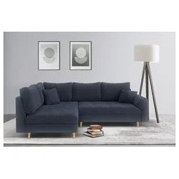 Ecksofa Home Affaire "CHARRE incl. 3 Zierkissen" Sofas Gr. B/H/T: 231cm x 81cm x 161cm, Bouclé, Ottomane links, blau (dunkelblau) L-Form, feine Steppung, lose Rückenkissen, auch in Cord und Bouclé