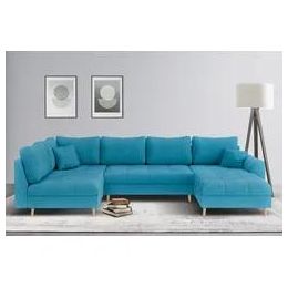 Wohnlandschaft Home Affaire "CHARRE U-Form, incl. 3 Zierkissen" Sofas Gr. B/H/T: 310 cm x 81 cm x 161 cm, Struktur weich, Recamiere rechts, blau (türkis) auch in Cord und Bouclé, feine Steppung, lose Rückenkissen