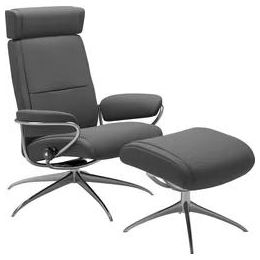 Relaxsessel stressless "Paris" Sessel Gr. Leder BATICK, Star Base-Standard Base, PlusTMSystem-Gleitsystem-Relaxfunktion-Drehfunktion-Kopfstützenverstellung-Rückteilverstellung, B/H/T: 80cm x 98cm x 75cm, grau (grau batick) mit Hocker, Low Back Kopfstütze, Star Base, Gestell Chrom