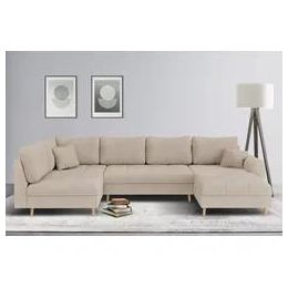 Wohnlandschaft Home Affaire "CHARRE U-Form, incl. 3 Zierkissen" Sofas Gr. B/H/T: 310 cm x 81 cm x 161 cm, Struktur weich, Recamiere rechts, beige auch in Cord und Bouclé, feine Steppung, lose Rückenkissen