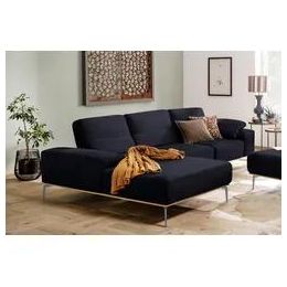 Ecksofa W.Schillig "run" Sofas Gr. B/H/T: 319cm x 88cm x 178cm, Flachgewebe W82, Recamiere links, mit Sitztiefenverstellung, blau (dunkelblau w82) mit elegantem Holzsockel, Füße in Silber matt, Breite 319 cm