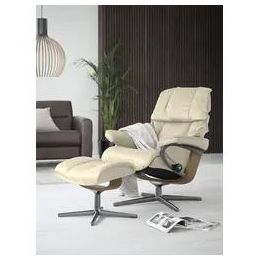 Relaxsessel stressless "Reno" Sessel Gr. Leder BATICK, Cross Base Eiche-S, Relaxfunktion-Drehfunktion-PlusTMSystem-Gleitsystem-BalanceAdaptTM, B/H/T: 79cm x 99cm x 75cm, beige (cream batick) mit Hocker, Cross Base, Größe S, M & L, Holzakzent Eiche