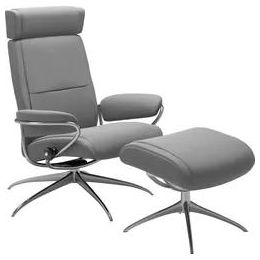 Relaxsessel stressless "Paris" Sessel Gr. Leder BATICK, Star Base-Standard Base, PlusTMSystem-Gleitsystem-Relaxfunktion-Drehfunktion-Kopfstützenverstellung-Rückteilverstellung, B/H/T: 80cm x 98cm x 75cm, grau (wild dove batick) mit Hocker, Low Back Kopfstütze, Star Base, Gestell Chrom