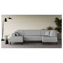 Wohnlandschaft Home Affaire "Wohnlandschaft Arros U-Form, mit Wellenunterfederung" Sofas Gr. B/H/T: 300 cm x 81 cm x 163 cm, Struktur 1, Recamiere links, grau (hellgrau) incl. loser Zierkissen, Maße BTH: 30016381 cm, auch in Cord