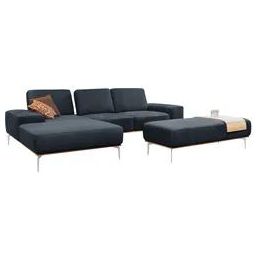 Ecksofa W.Schillig "run" Sofas Gr. B/H/T: 279cm x 88cm x 178cm, Longlife Xtra-Leder Z73, Recamiere links, mit Sitztiefenverstellung, blau (blau z73) mit elegantem Holzsockel, Füße in Chrom glänzend, Breite 279 cm