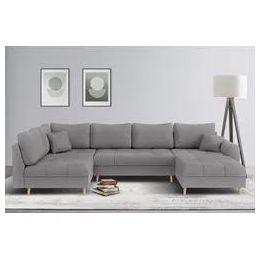 Wohnlandschaft Home Affaire "CHARRE U-Form, incl. 3 Zierkissen" Sofas Gr. B/H/T: 310 cm x 81 cm x 161 cm, Cord, Recamiere rechts, grau (dunkelgrau) auch in Cord und Bouclé, feine Steppung, lose Rückenkissen