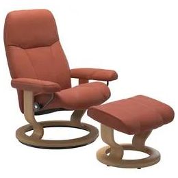 Relaxsessel stressless "Consul" Sessel Gr. Leder PALOMA, Classic Base Eiche, PlusTMSystem-Gleitsystem-Relaxfunktion-Drehfunktion-Kopfstützenverstellung-Rückteilverstellung, B/H/T: 76cm x 100cm x 71cm, rot (henna paloma) mit Hocker, Classic Base, Größe M, Gestell Eiche