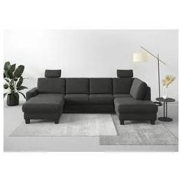 Wohnlandschaft Home Affaire "Summer U-Form" Sofas Gr. B/H/T: 314cm x 91cm x 170cm, Feincord, Recamiere links, ohne Bettfunktion-ohne Bettkasten-mit Federkern, grau (anthrazit) mit oder ohne Bettfunktion und Bettkasten, wengefarbene Holzfüße