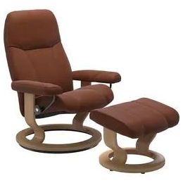 Relaxsessel stressless "Consul" Sessel Gr. Leder PALOMA, Classic Base Eiche, PlusTMSystem-Gleitsystem-Relaxfunktion-Drehfunktion-Kopfstützenverstellung-Rückteilverstellung, B/H/T: 76cm x 100cm x 71cm, braun (copper paloma) mit Hocker, Classic Base, Größe M, Gestell Eiche