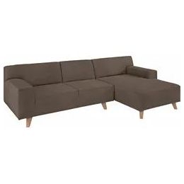 Ecksofa Tom Tailor HOME "NORDIC PURE" Sofas Gr. B/H/T: 266cm x 77cm x 151cm, Samtstoff STC, Recamiere rechts, braun (wood stc 4) mit Recamiere, im Retrolook, Füße Buche natur