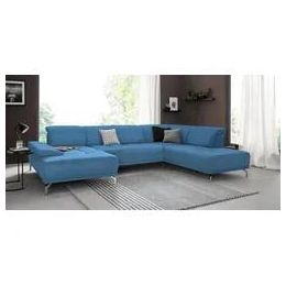 Wohnlandschaft Places of Style "Caluna U-Form" Sofas Gr. B/H/T: 332cm x 81cm x 234cm, Flachgewebe, Recamiere links, blau (pacific) mit Sitztiefen- und Kopfteilverstellung