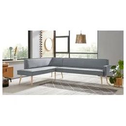 Eckbank exxpo - SOFA FASHION "Lungo, moderne Kedernaht, bequem und elegant, hoher Holzfuß" Sitzbänke Gr. B/H/T: 198cm x 84cm x 260cm, Webstoff, langer Schenkel rechts, weiß (silber) hochwertige Detailverarbeitung, frei im Raum stellbar