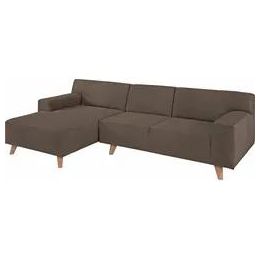 Ecksofa Tom Tailor HOME "NORDIC PURE" Sofas Gr. B/H/T: 266cm x 77cm x 151cm, Samtstoff STC, Recamiere links, braun (wood stc 4) mit Recamiere, im Retrolook, Füße Buche natur