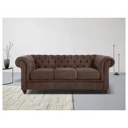 Chesterfield-Sofa Home Affaire "Chesterfield 3-Sitzer B/T/H: 198/89/74 cm" Sofas Gr. B/H/T: 198 cm x 74 cm x 89 cm, Luxus-Microfaser weich, braun mit hochwertiger Knopfheftung, auch in Leder