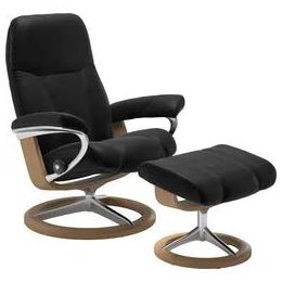 Relaxsessel stressless "Consul" Sessel Gr. Leder BATICK, Signature Base Eiche, BalanceAdaptTM-PlusTMSystem-Gleitsystem-Relaxfunktion-Drehfunktion-Kopfstützenverstellung-Rückteilverstellung, B/H/T: 78cm x 97cm x 70cm, schwarz (black batick) mit Hocker, Signature Base, Größe S, Gestell Eiche