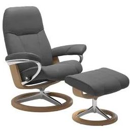 Relaxsessel stressless "Consul" Sessel Gr. Leder BATICK, Signature Base Eiche, BalanceAdaptTM-PlusTMSystem-Gleitsystem-Relaxfunktion-Drehfunktion-Kopfstützenverstellung-Rückteilverstellung, B/H/T: 78cm x 97cm x 70cm, grau (grey batick) mit Hocker, Signature Base, Größe S, Gestell Eiche