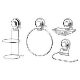 Badaccessoire-Set GSW "HOOKIE System 4-teilig", silber, verchromt glänzend, Kunststoff, Aluminium, Badaccessoires-Sets, Intelligenter Saughaken, roter Ring zeigt Saugkraftverlust