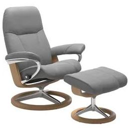 Relaxsessel stressless "Consul" Sessel Gr. Leder BATICK, Signature Base Eiche, BalanceAdaptTM-PlusTMSystem-Gleitsystem-Relaxfunktion-Drehfunktion-Kopfstützenverstellung-Rückteilverstellung, B/H/T: 78cm x 97cm x 70cm, grau (wild dove batick) mit Hocker, Signature Base, Größe S, Gestell Eiche