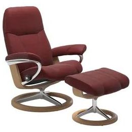 Relaxsessel stressless "Consul" Sessel Gr. Leder PALOMA, Signature Base Eiche, BalanceAdaptTM-PlusTMSystem-Gleitsystem-Relaxfunktion-Drehfunktion-Kopfstützenverstellung-Rückteilverstellung, B/H/T: 78cm x 97cm x 70cm, rot (cherry paloma) mit Hocker, Signature Base, Größe S, Gestell Eiche