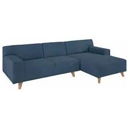 Ecksofa Tom Tailor HOME "NORDIC PURE" Sofas Gr. B/H/T: 266cm x 77cm x 151cm, Samtstoff STC, Recamiere rechts, blau (ink blue stc 6) mit Recamiere, im Retrolook, Füße Buche natur