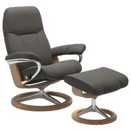 Relaxsessel stressless "Consul" Sessel Gr. Leder PALOMA, Signature Base Eiche, BalanceAdaptTM-PlusTMSystem-Gleitsystem-Relaxfunktion-Drehfunktion-Kopfstützenverstellung-Rückteilverstellung, B/H/T: 78cm x 97cm x 70cm, grau (metal grey paloma) mit Hocker, Signature Base, Größe S, Gestell Eiche