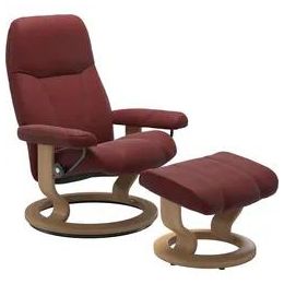 Relaxsessel stressless "Consul" Sessel Gr. Leder PALOMA, Classic Base Eiche, PlusTMSystem-Gleitsystem-Relaxfunktion-Drehfunktion-Kopfstützenverstellung-Rückteilverstellung, B/H/T: 76cm x 100cm x 71cm, rot (cherry paloma) mit Hocker, Classic Base, Größe M, Gestell Eiche