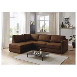 Schlafsofa ATLANTIC HOME COLLECTION "Chill" Sofas Gr. B/H/T: 250cm x 86cm x 200cm, Struktur grob, Armlehne rechts, braun (karamellbraun) Ecksofa mit Bettfunktion und Bettkasten