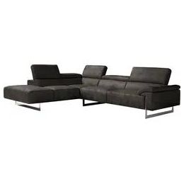 Ecksofa Egoitaliano "Malika" Sofas Gr. B/H/T: 300cm x 94cm x 107cm, Luxus-Microfaser Lederoptik, Ottomane links, mit Kopfteilverstellung, grau (smoke) mit Ottomane, inkl. Kopfteilverstellung und chromfarbenen Metallfüßen