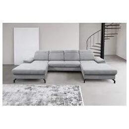 Wohnlandschaft WERK2 "Slavio U-Form" Sofas Gr. B/H/T: 348cm x 98cm x 184cm, Struktur weich, Recamiere links, Schlaffunktion, Bettkasten, verstellbare Kopfteile, grau (hellgrau) Modernes U-Sofa mit Schlaffunktion, Bettkasten, Kopfteile verstellbar