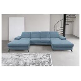 Wohnlandschaft WERK2 "Slavio U-Form" Sofas Gr. B/H/T: 348cm x 98cm x 184cm, Struktur weich, Recamiere links, Schlaffunktion, Bettkasten, verstellbare Kopfteile, blau (hellblau) Modernes U-Sofa mit Schlaffunktion, Bettkasten, Kopfteile verstellbar