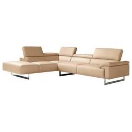 Ecksofa Egoitaliano "Malika" Sofas Gr. B/H/T: 300cm x 94cm x 107cm, Leder BULL, Ottomane links, mit Kopfteilverstellung, beige (champagner) mit Ottomane, inkl. Kopfteilverstellung und chromfarbenen Metallfüßen