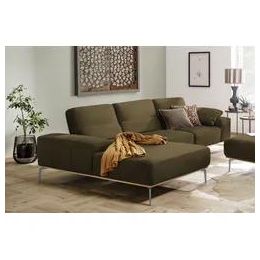 Ecksofa W.Schillig "run" Sofas Gr. B/H/T: 319cm x 88cm x 178cm, Flachgewebe W82, Recamiere links, mit Sitztiefenverstellung, grün (camouflage w82) mit elegantem Holzsockel, Füße in Silber matt, Breite 319 cm